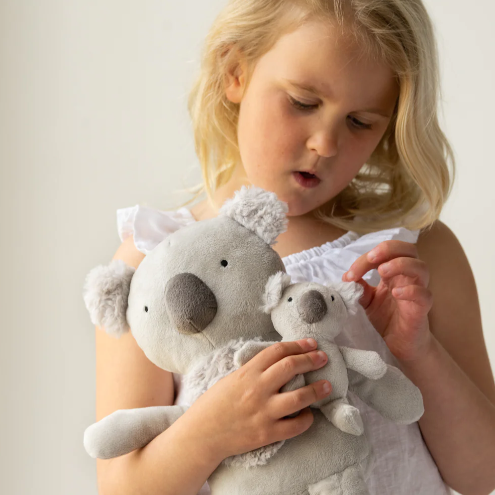 Mini Caz the Cuddly Koala Rattle – Eggplant & Poppy ~ Unique + Quirky Gifts