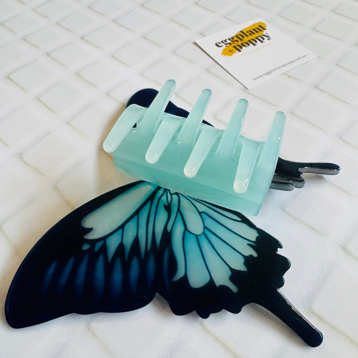 Large Blue Butterfly Hair Clip – Eggplant & Poppy ~ Unique + Quirky Gifts