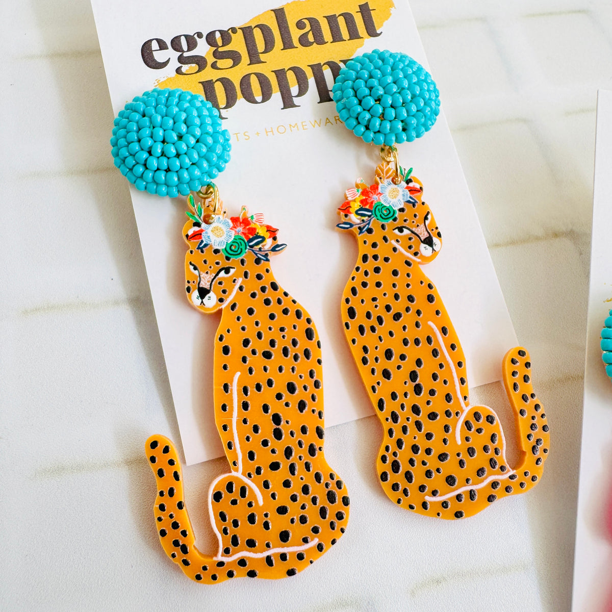 Beaded Cheetah Earrings – Eggplant & Poppy ~ Unique + Quirky Gifts