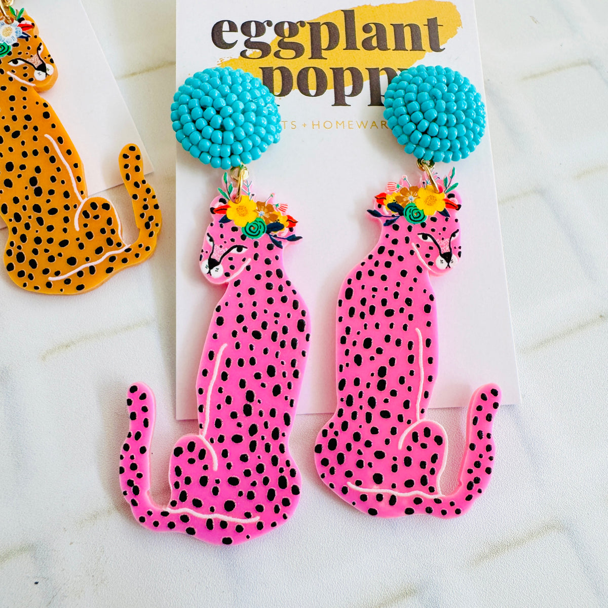 Beaded Cheetah Earrings – Eggplant & Poppy ~ Unique + Quirky Gifts