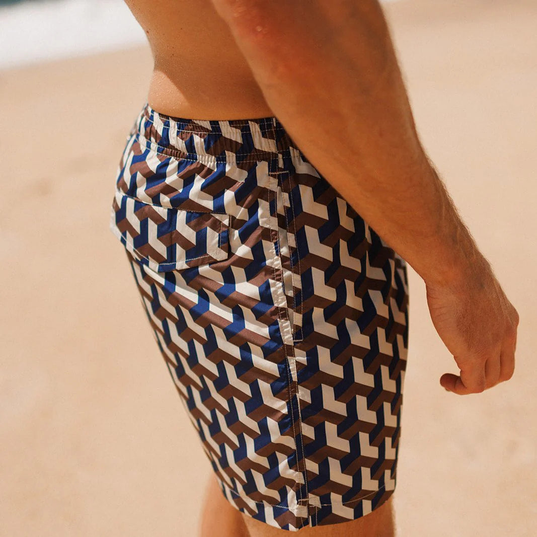 Mens Swim Shorts - Cobalt Geo – Eggplant & Poppy ~ Unique + Quirky Gifts