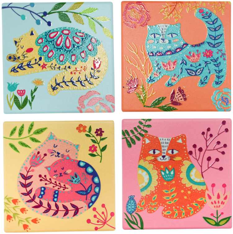 Ceramic Coasters - Groovy Cats – Eggplant & Poppy ~ Unique + Quirky Gifts