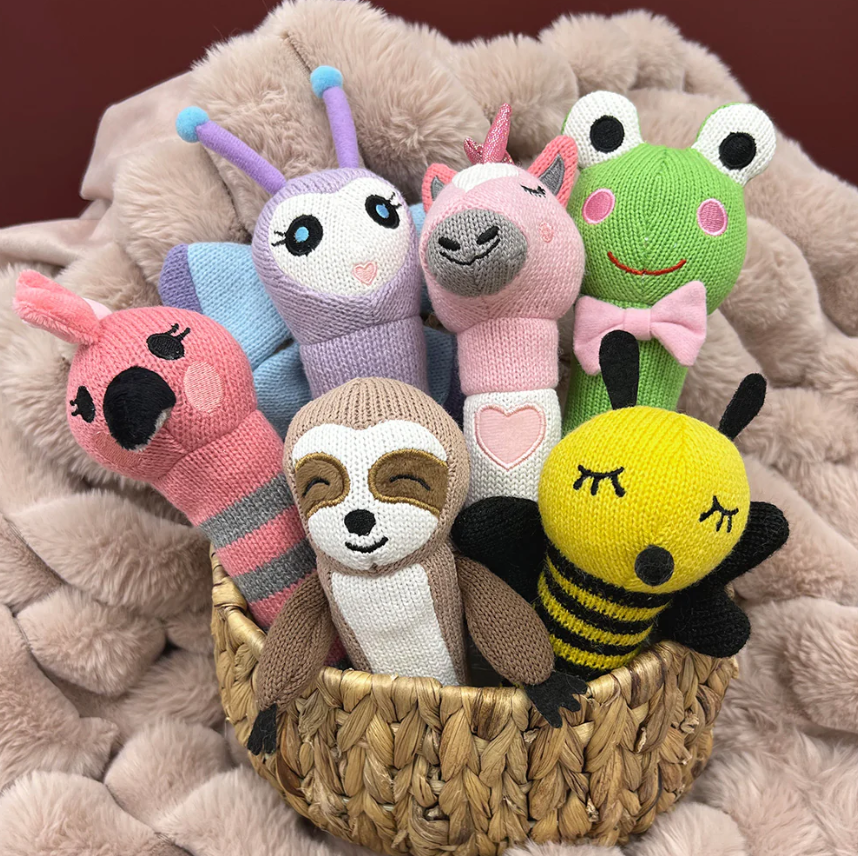 Knit Rattle - Butterfly – Eggplant & Poppy ~ Unique + Quirky Gifts