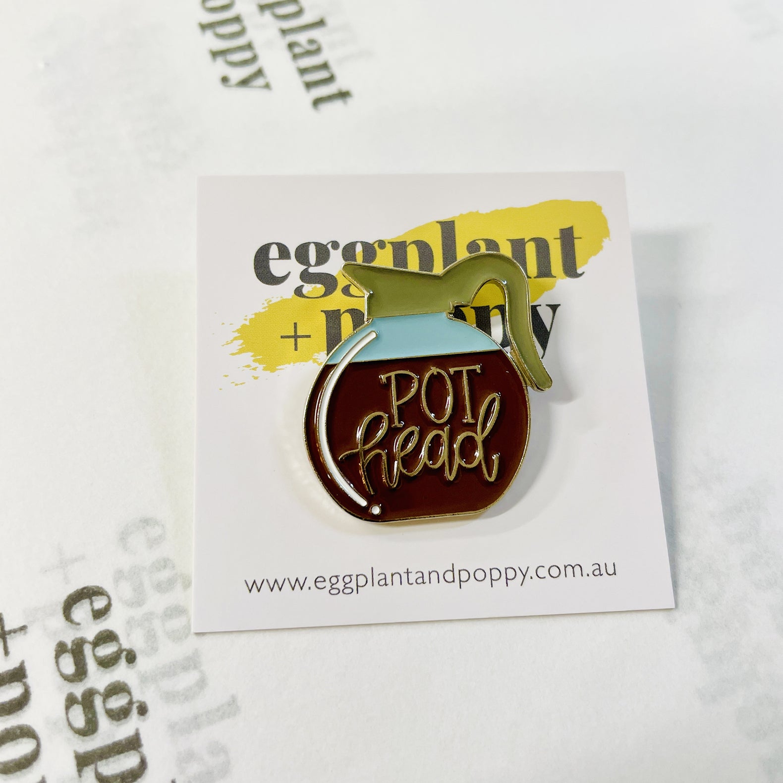 Enamel Pin - Pot Head – Eggplant & Poppy ~ Unique + Quirky Gifts