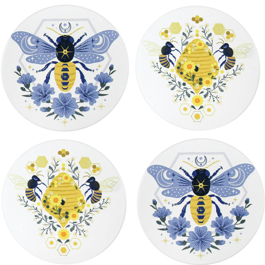 Ceramic Coasters - Boho Bees – Eggplant & Poppy ~ Unique + Quirky Gifts